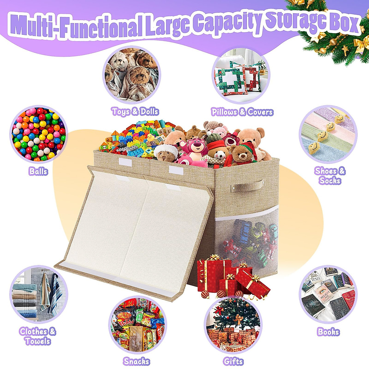 Large Toy Box, Collapsible Storage Bins with Lids, Toy Storage Organizer Toddler Bin Boxes for Kids Boys Girls, 25"x13"x16"Toy Chest Bin Box Baskets for Nursery, Living Room, Playroom, Bedroom, Beige