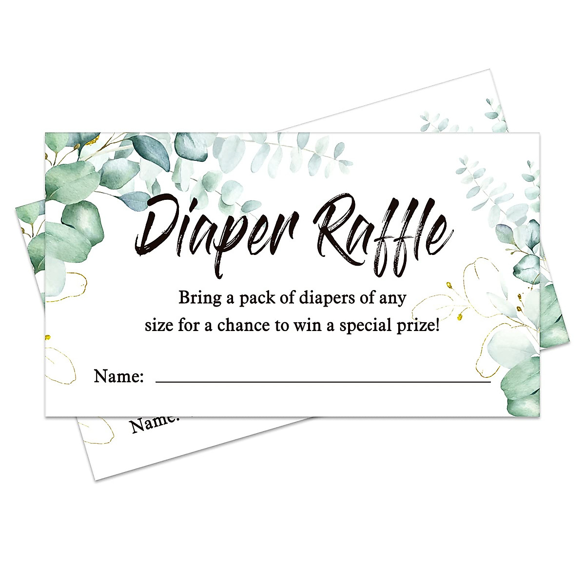 XJF Diaper Raffle Tickets for Baby Showers 2 Inchesx 3.5 Inches Baby Shower Game Cards with Name Line Greenery Invitations Insert Cards for Boys or Girls Baby Shower 50 Pack, White, BS-CJK-1