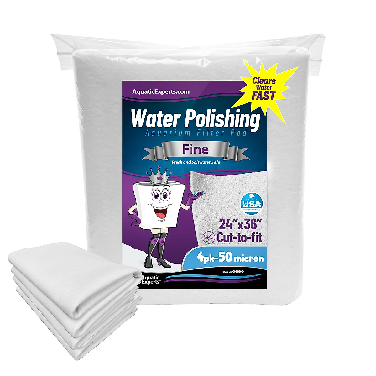 Aquatic Experts Aquarium Polishing Filter Pad, Aquarium Filter Pad, Aquarium Filter Floss for Fish Tank Filters, Water Polishing Pad for Aquarium Filters, (50 Micron, 24" x 36" - 4 Pack)