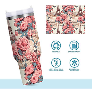ALAZA Roses Flowers Eiffel Tower 40 oz Tumbler Water Bottle with Straw Lid and Handle,Reusable Insulated Stainless Steel Cup for Women Men Travel Car Cup Holder