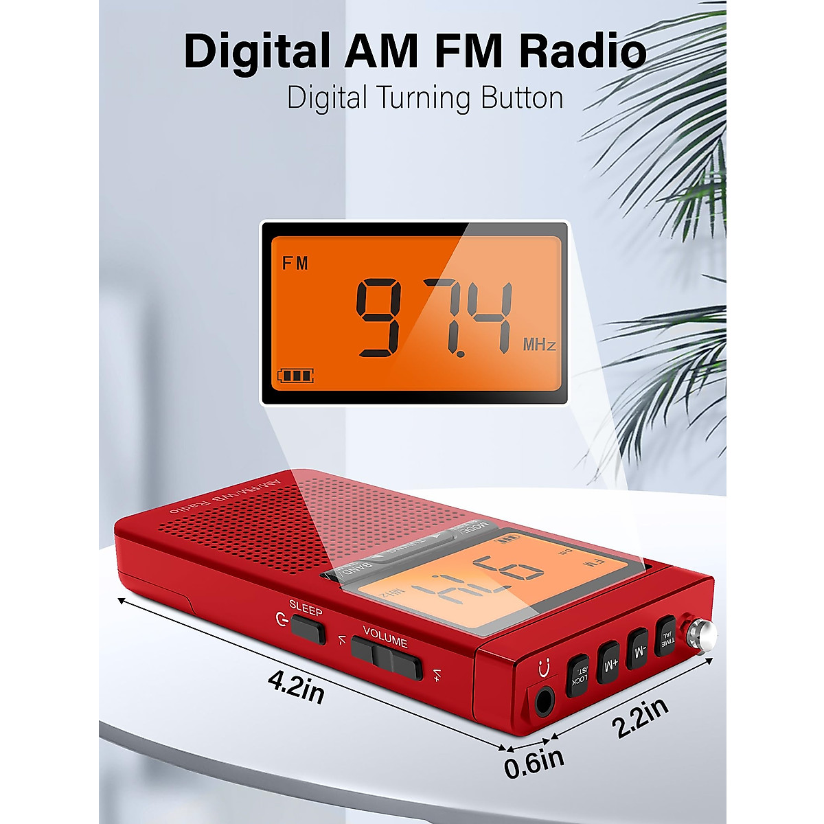 AM FM Portable Radio Personal Radio with Excellent Reception Battery Operated by 2 AAA Batteries with Stero Earphone, Large LCD Screen, Digtail Alarm Clock Radio(Red)