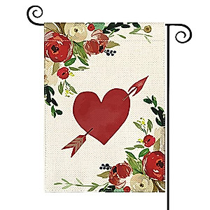 AVOIN colorlife Love Heart Arrow Garden Flag Outside Double Sided, Flowers Rose Valentine's Day Wedding Farmhouse Yard Outdoor Decoration 12x18 Inch