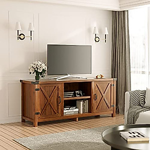 JUMMICO Modern TV Stand with Double Barn Doors Storage Cabinets for TVs to 65+ Inch, Farmhouse TV Entertainment Center 58 Inch TV Table for Living Room (Walnut, Without Fireplace)