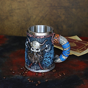 OTARTU Valhalla Viking Stainless Steel Single Handle Horn Skull Beer Stein Cup, Nordic Viking Warrior Skull Mug Tankard 17oz, Halloween Bar Drinkware Men’s Gift