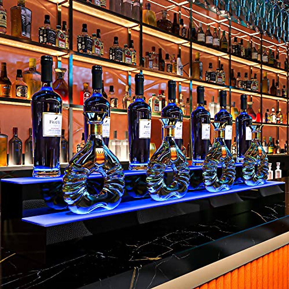 YITAHOME LED Lighted Liquor Bottle Display Shelf Supports USB & Power Bank, 2-Step 48-inch Bar Liquor Alcohol Shelf for Home Counter Party, Acrylic Mounted Whiskey Rack Stand with Remote & App Control