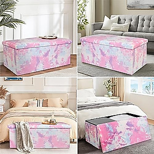 STORAGEPLUS 30 Inches Large Storage Ottoman Bench for Bedroom, Soft Cotton Fabric Tie Dye Foot Rest Stool with Premium Sponge Padded, Folding Ottoman Coffee Table with Storage for Living Room