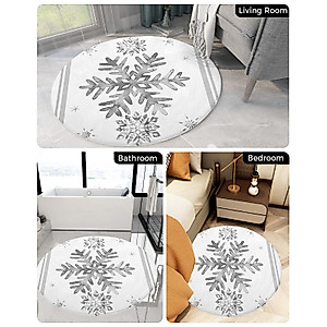 Grey Snowflake Fluffy Round Area Rug Carpets 5ft, Plush Shaggy Carpet Soft Circular Rugs, Non-Slip Fuzzy Accent Floor Mat for Living Room Bedroom Nursery Home Decor Winter Christmas Stripes Holiday