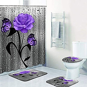 ArtSocket 4 Pcs Shower Curtain Set Purple Rose Floral Flowers Abstract Colorful with Non-Slip Rugs Toilet Lid Cover and Bath Mat Bathroom Decor Set 72" x 72"