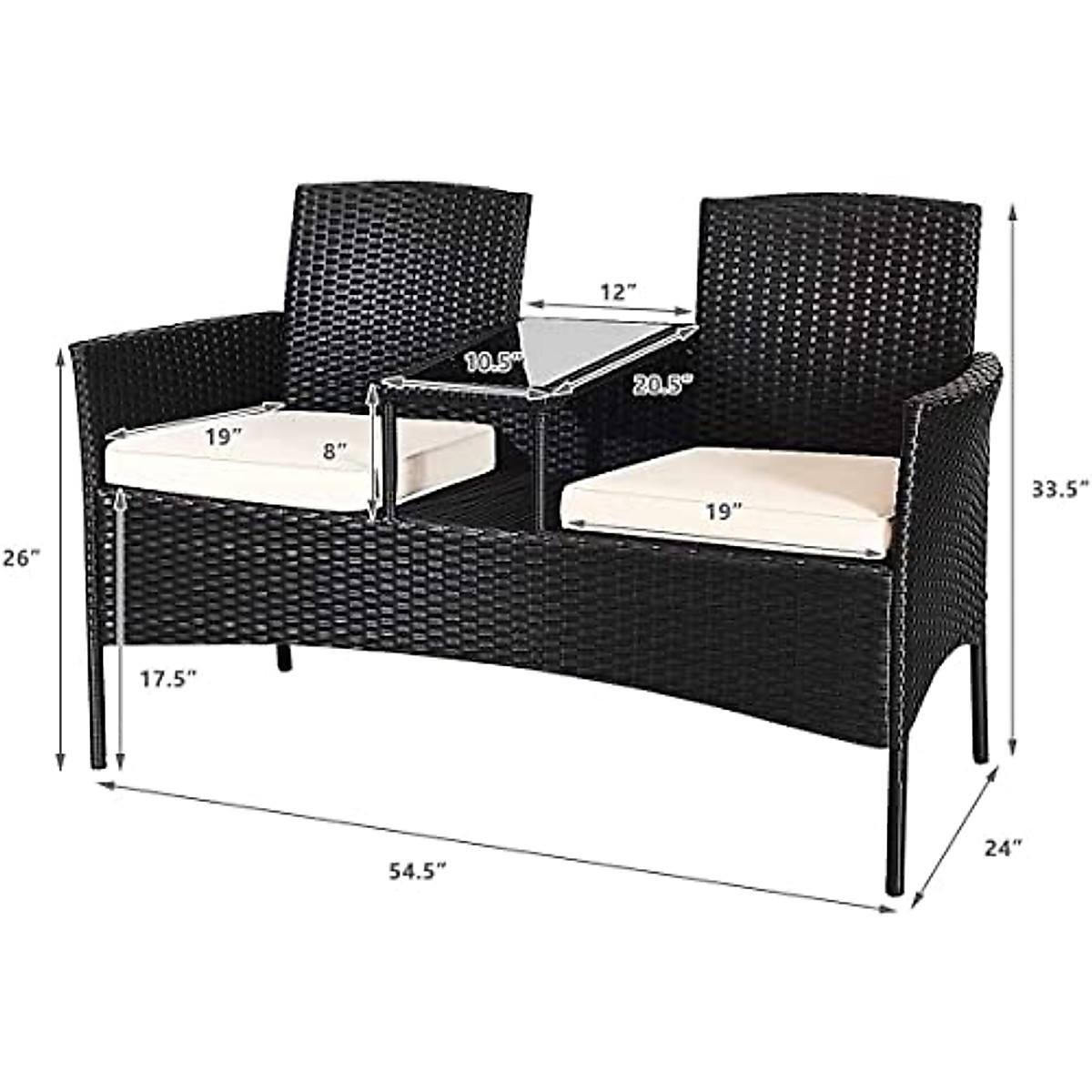 HAPPYGRILL Patio Rattan Loveseat Outdoor Porch Furniture PE Wicker Loveseat with Coffee Table Conversation Sofa with Cushions for Garden Lawn Backyard Poolside