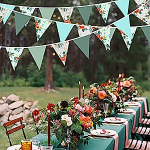 32Ft Dark Green Teal Blue Printed Flowers Flora Pennant Banner Fabric Triangle Flag Bunting Garland for Spring Summer Decor Birthday Party Wedding Home Outdoor Garden Hanging Decoration