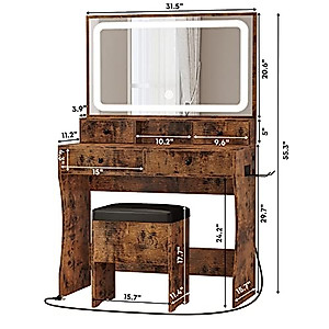 LIKIMIO Vanity Desk with LED Lighted Mirror & Power Outlet & 4 Drawers, Dressing Makeup Table Set with Storage Stool and Hair Dryer Stand, Vintage Brown