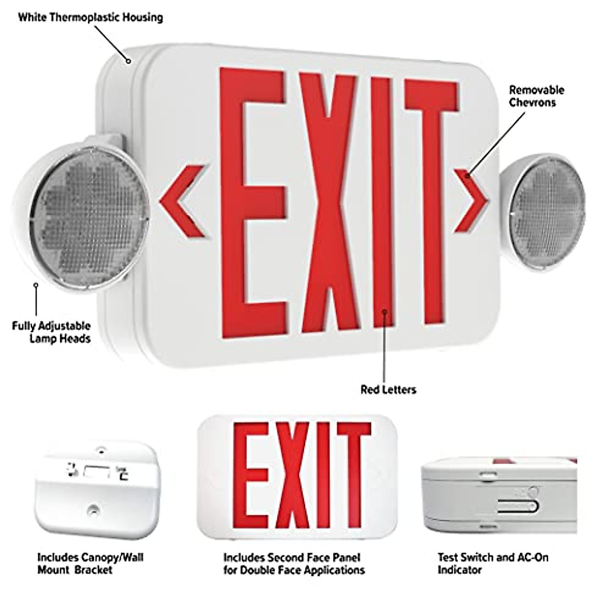 HUBBELL CCR, Remote Compatible Combination Outdoor Emergency Light and Red Letter Exit Sign, with 120/277VAC, 60Hz Input, 2 Fully Adjustable LED Lamps, 18 in x 2 in x 8.2 in, White