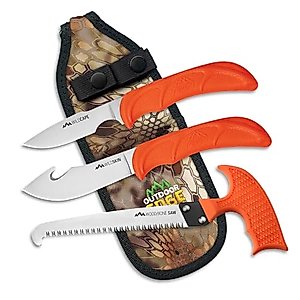 OUTDOOR EDGE WildGuide 4-Piece Hunting Knife Set & Field Dressing Kit | Featuring Razor-Sharp Caping Knife, Gut-Hook Skinning Knife, Bone Saw, in a Camo Nylon Belt Sheath | Butcher Knife Set for Deer