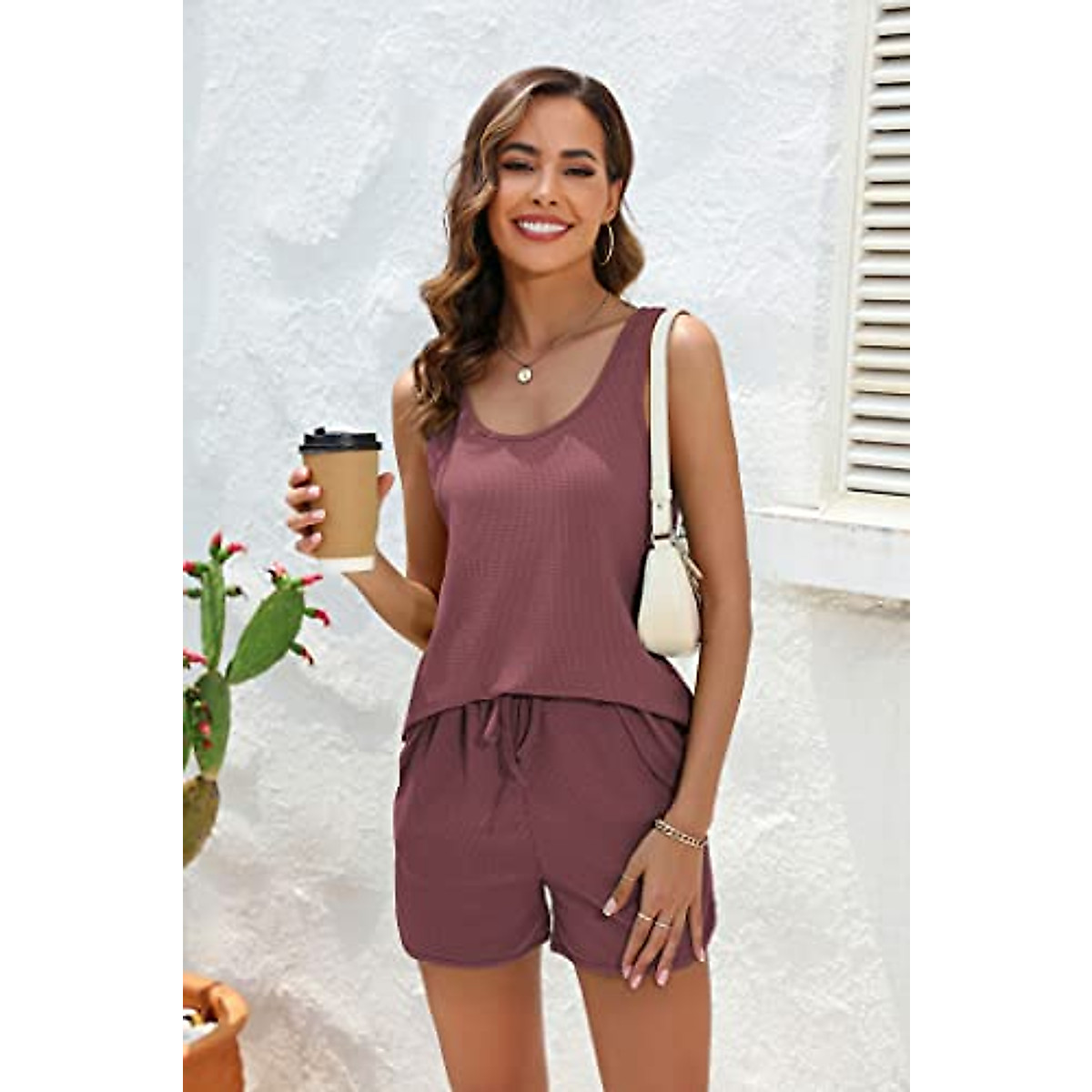 Andeip Waffle Knit Pajama Sets for Women Breathable Lounge Sets Sleeveles Top and Elastic Shorts pj Set Red L