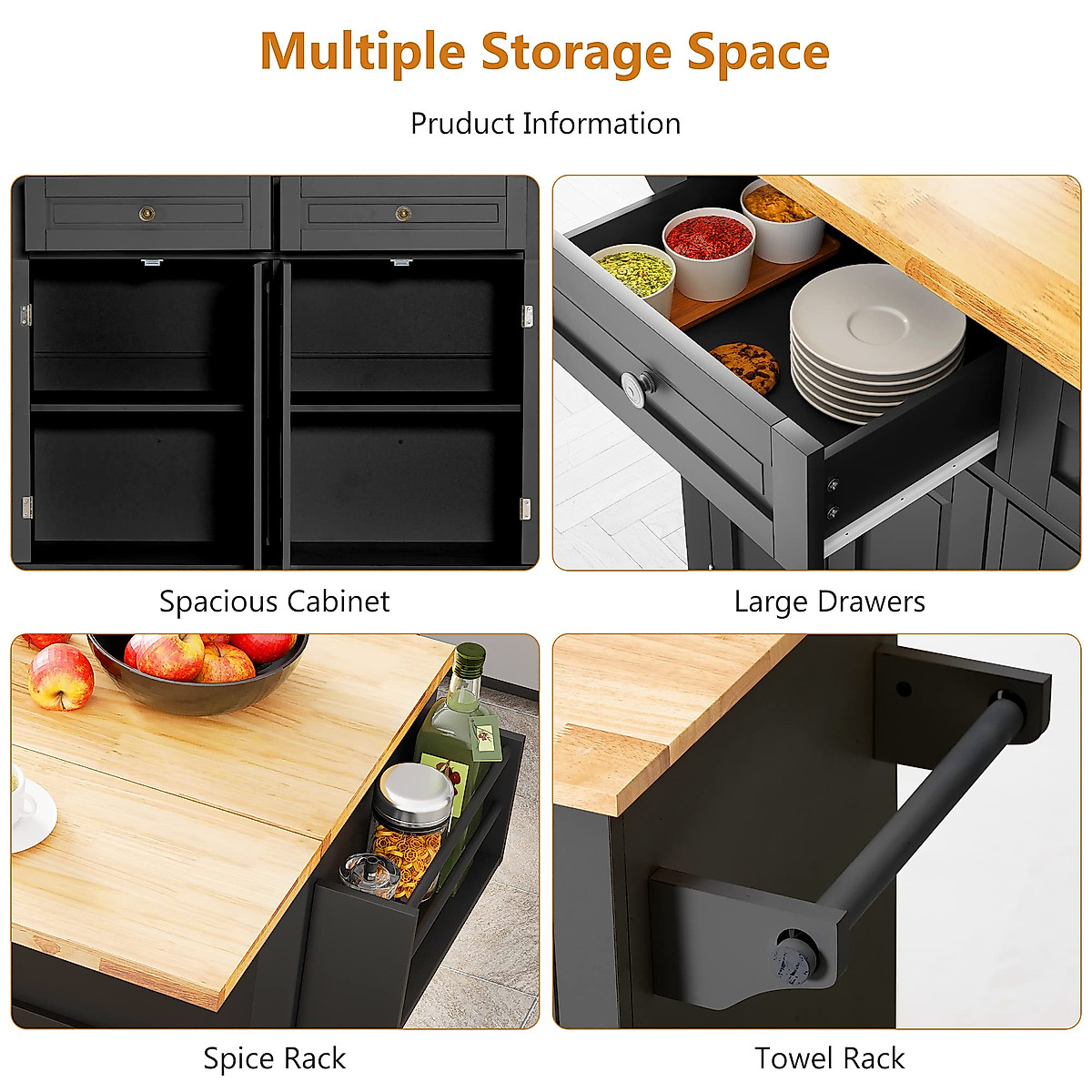 Squireewo Kitchen Cart with Wood Top and Drop Leaf Breakfast Bar, Rolling Mobile Kitchen Island Table on Wheels with Drawer and Storage Cabinet, Spice Rack, Towel Rack, Black