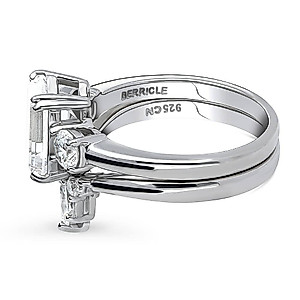 BERRICLE Sterling Silver 3-Stone Wedding Engagement Rings Emerald Cut Cubic Zirconia CZ 7-Stone Ring Set for Women, Rhodium Plated Size 8