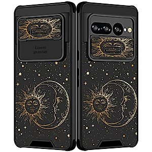 Goocrux for Google Pixel 7 Pro Case Sun and Moon Stars for Girls Women Cute Space Girly Phone Cover Fashion Gold Print Unique Design with Slide Camera Cover Aesthetic Cases for Pixel 7 Pro 5G 6.7 inch
