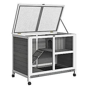 PawHut Indoor Rabbit Hutch with Wheels, Desk and Side Table Sized, Wood Rabbit Cage, Waterproof Small Rabbit Cage, Gray