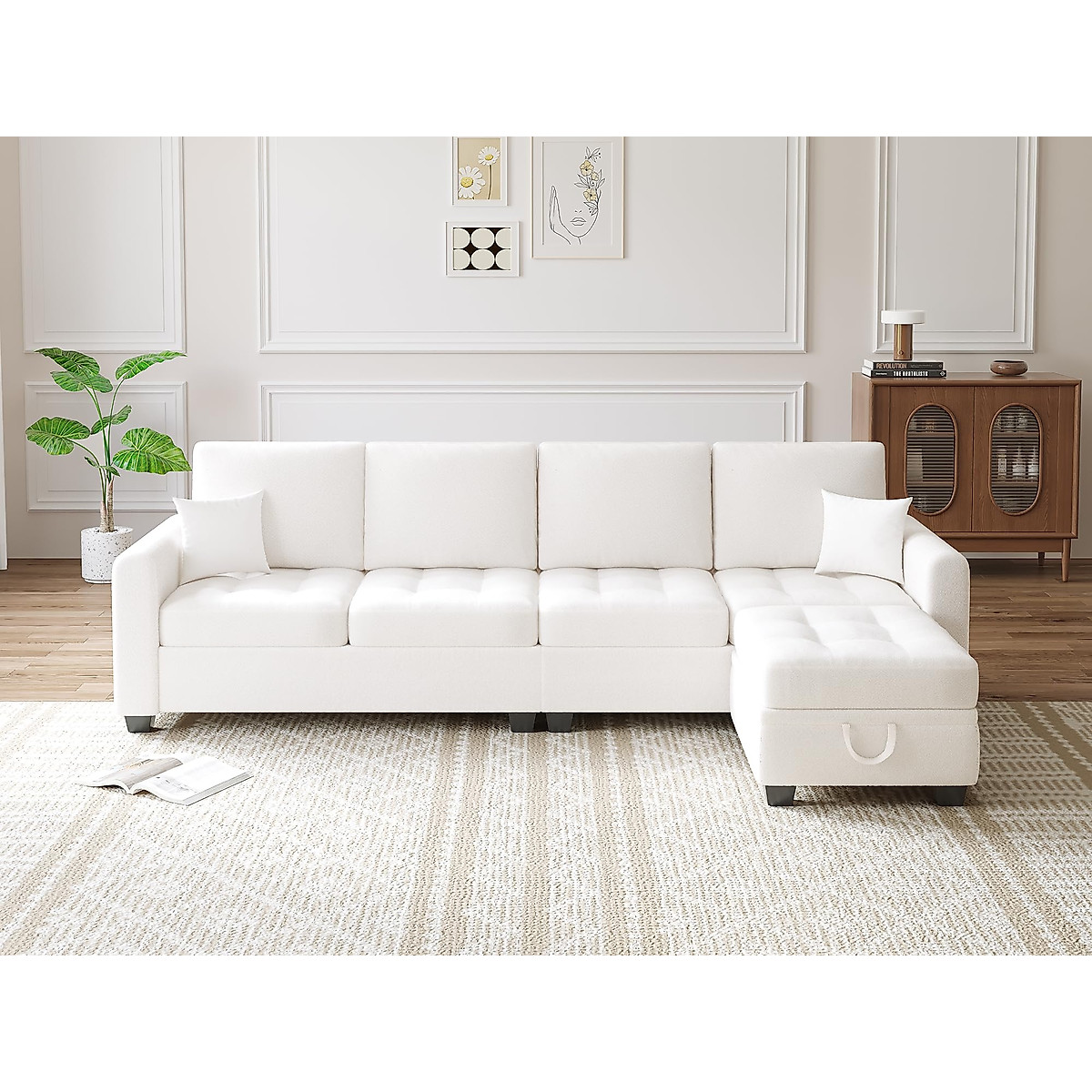 coucheta 100.6" Modular Sectional Sofa with Storage, Home Sofa Living Room with 4 Seat, L-Shaped Bench Chenille for Offices and Apartments, Deep Seat Sofa with Double Sided Chaise Longue, Beige