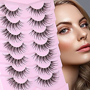 Lashes Natural Look False Eyelashes Wispy Fluffy Lashes Mink Long Curly Fake Eyelashes Cat Eye Lashes with Clear Band 7 Pairs Pack by GVEFETIEE