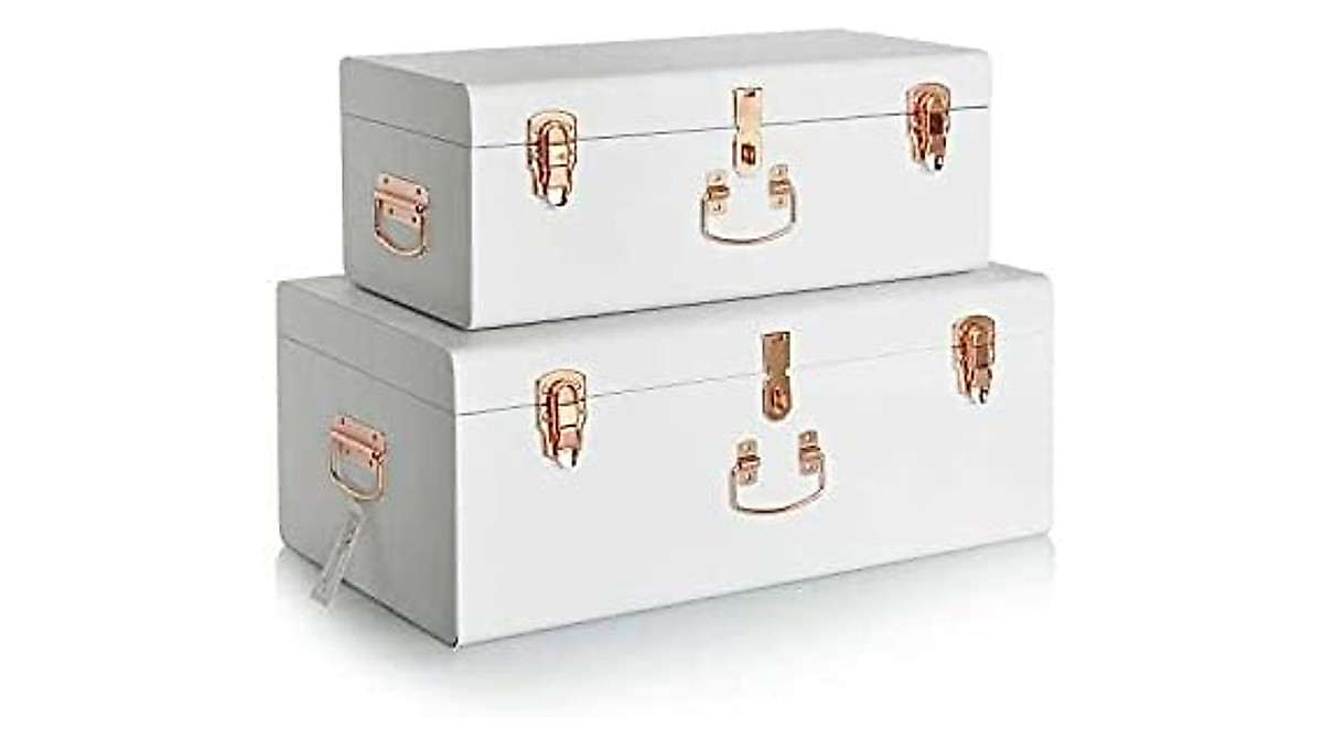 Vintage Metal Storage Trunk Set of 2 with Rose Gold Handles