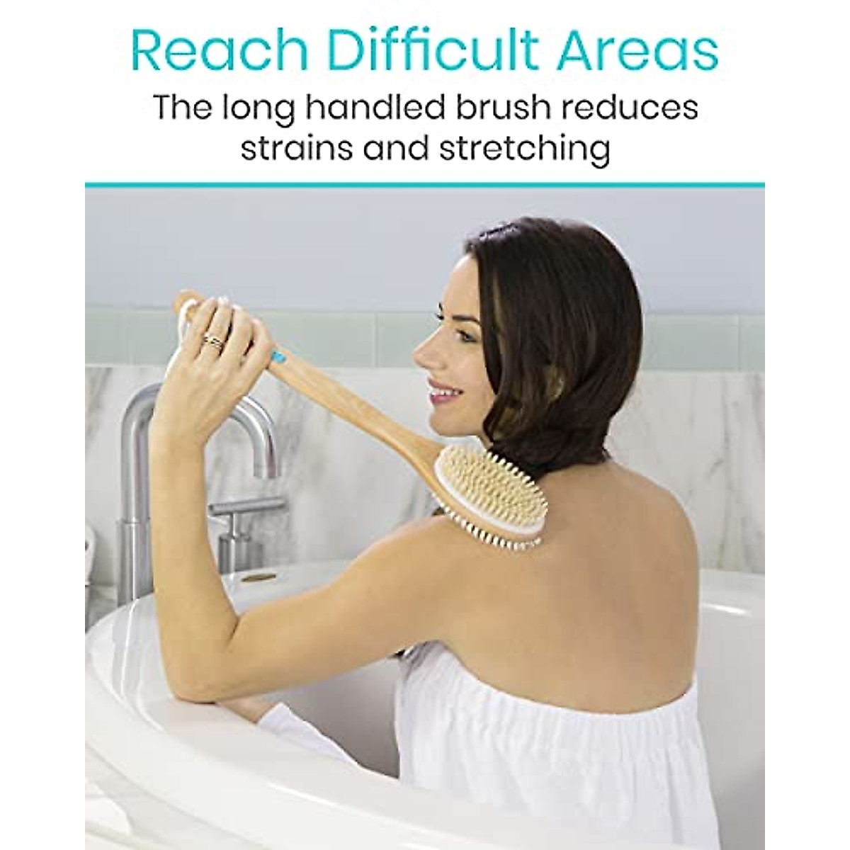 Vive Back Scrubber Brush for Shower - for Dry or Wet Body Brushing - Long Handle - Cleaning Lymphatic Drainage Handled Washer for Men, Women - Showering Bathing Exfoliator with Soft & Stiff Bristles