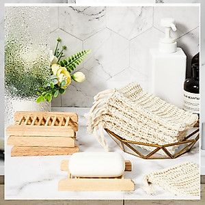 40 Pack Soap Exfoliating Bag Holder Set with 30 Pieces Mesh Sisal Soap Saver Bag Pouch and 10 Pieces Bamboo Wood Holder for Bath and Shower Use