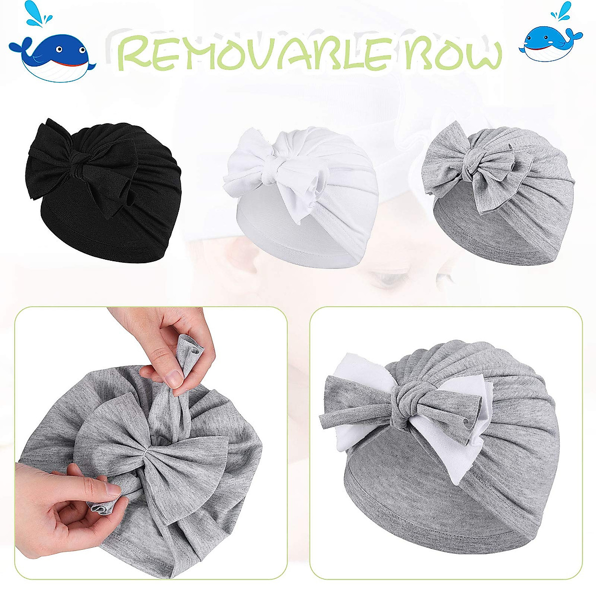 3 Pieces Baby Bow Knot Turban Hats Beanie Headwraps for Toddlers Girls (Black, White, Grey)