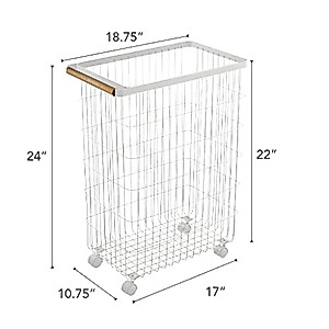 Yamazaki Home Wire Slim Saving Rolling Wheeled Clothing Hamper | Steel + Wood | Laundry Basket, One Size, White