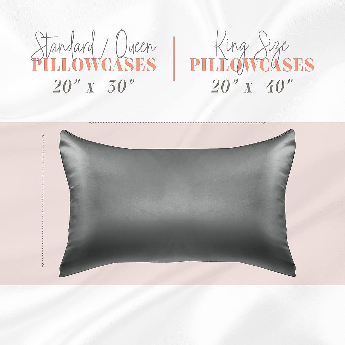 Elegant Comfort Silky and Luxurious 2-Piece Satin Pillowcase Set for Healthier Skin and Hair, Hidden Zipper Closure and Beautifully Packaged, Satin Pillowcase Set, Standard/Queen, Gray