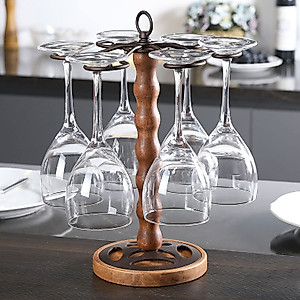MyGift Brown Solid Wood and Antique Bronze Metal Tabletop Wine Glass Holder with Scrollwork Design, Free Standing Stemware Display Stand, Holds 6 Glasses