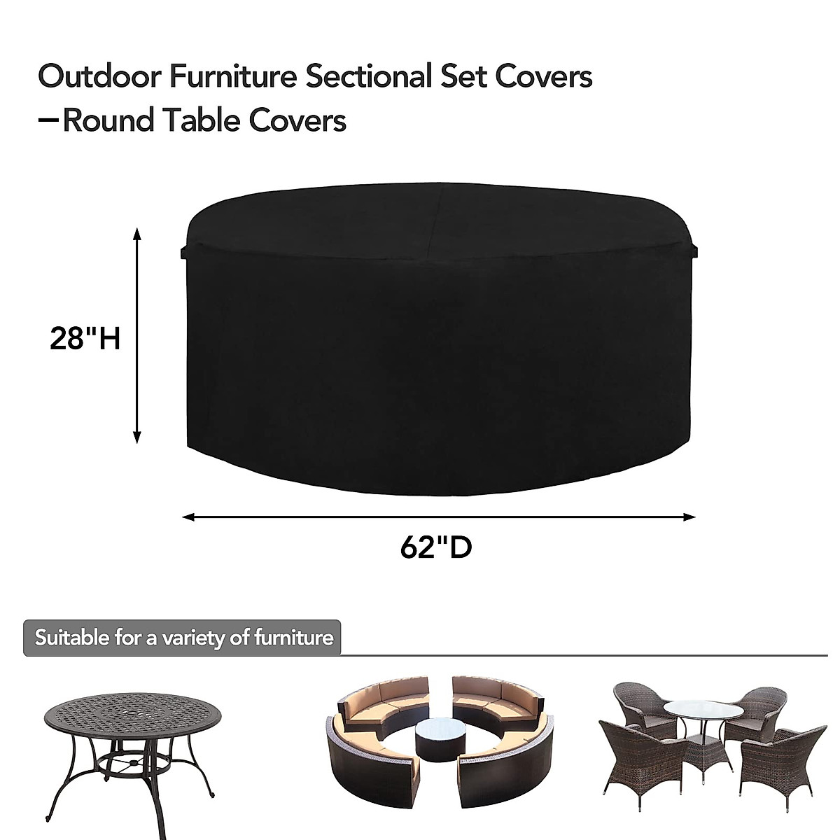 Easy-Going 600D Heavy Duty Round Patio Furniture Cover, Outdoor Table and Chair Set Cover, Waterproof Outdoor Sectional Furniture Set Cover (62" DIAx 28" H, Black)