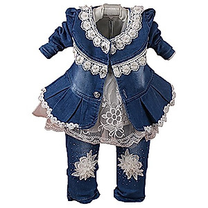 Yao 6M-4Y Infant 3Pcs Baby Girls Clothes Set Toddler Outfits Lace Dress Jacket and Jeans (4-5Y,Flower-White)