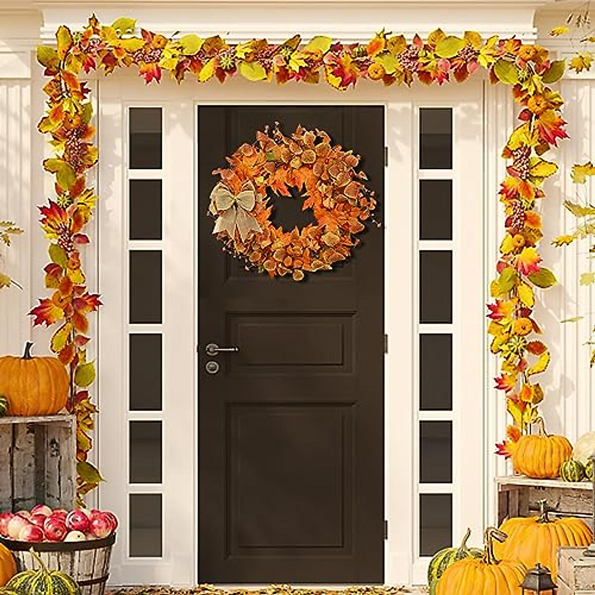 Fall Decor - Fall Wreaths for Front Door - 20 Inch Fall Door Wreath with Bowknot, Artificial Eucalyptus Wreath with Pumpkin Golden Berries Maple Leaves for Thanksgiving Farmhouse Decor