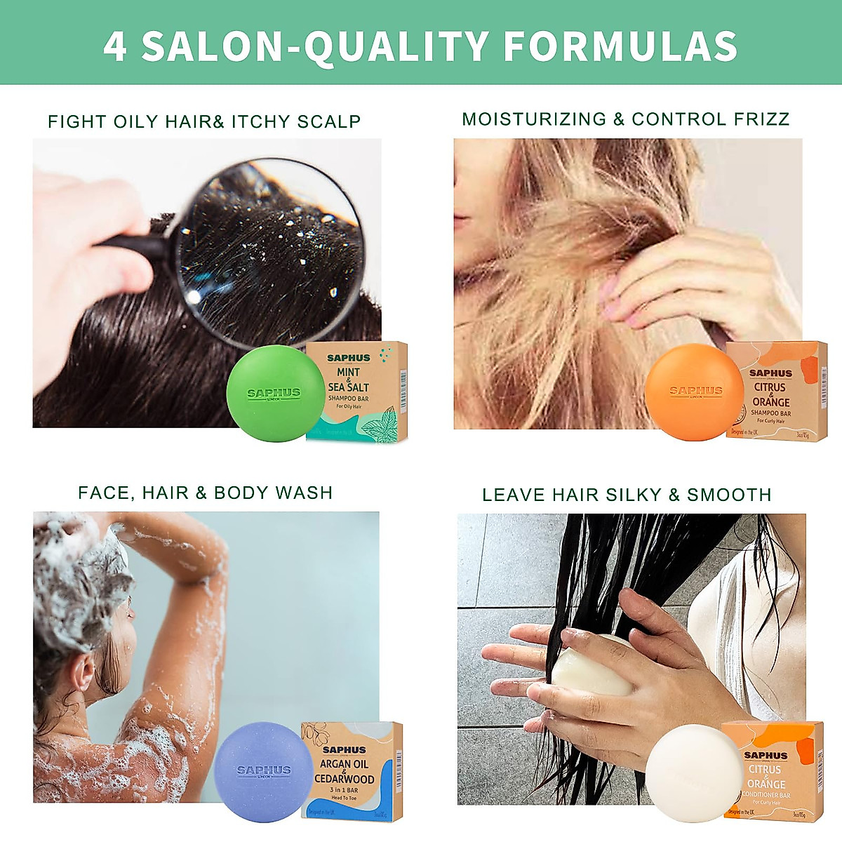 Shampoo Bars and Conditioner Bar for Hair Gift Set 4 Pack, Soap Free Solid Shampoo and Conditioner with Natural Ingredients | Zero Waste, Sulfate Free for Women, Men, Kids