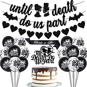 Black Glitter Till Death Do Us Part Banner Black Glitter Heart-Shaped Garland Cake Topper Latex Balloons Halloween Wedding Party Decorations Halloween Bachelorette Bridal Shower Decorations Halloween Engagement Party Supplies