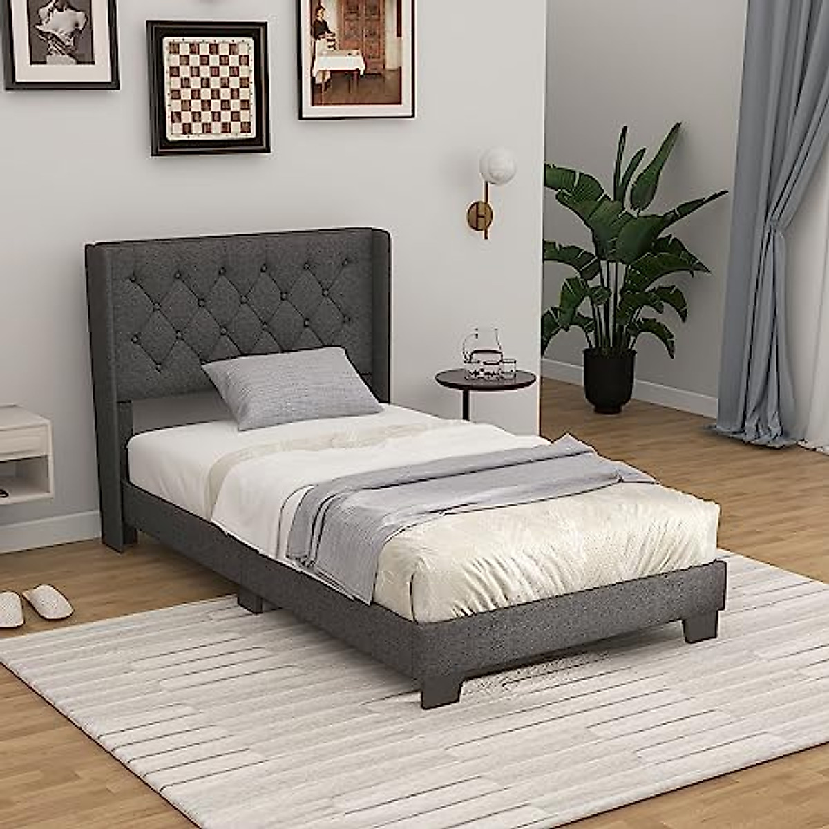 Giantex Twin Bed Frame with Button Tufted Headboard, Modern Fabric Upholstered Platform Bed with Wingback Design, Solid Wooden Slats Support Mattress Foundation, No Box Spring Needed, Grey