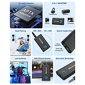 BlitzMax Bluetooth 5.2 Transmitter Receiver, 2-in-1 Bluetooth Adapter Mini Portable with 3.5mm Jack, aptx-Adaptive, Dual Link Bluetooth Audio Adapter for PC/TV/Car Sound System/Wired Speaker