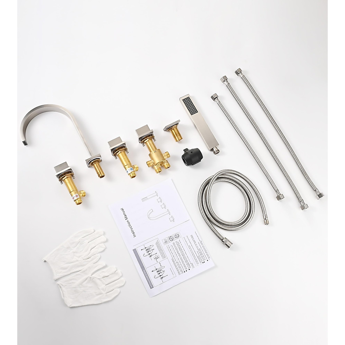 Roman Bathtub Faucet Set with Handheld Sprayer and Rough-in Valve Widespread Deck Mount 5 Hole Classic High Arch Tub Faucets Trim Kit 3 Handle with Diverter Lever Bath Tub Filler (Brushed nickel)