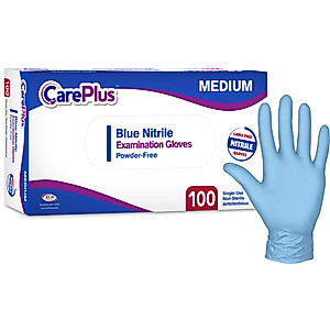 Care Plus Nitrile Examination Medical Gloves, Blue, Medium 100 Count