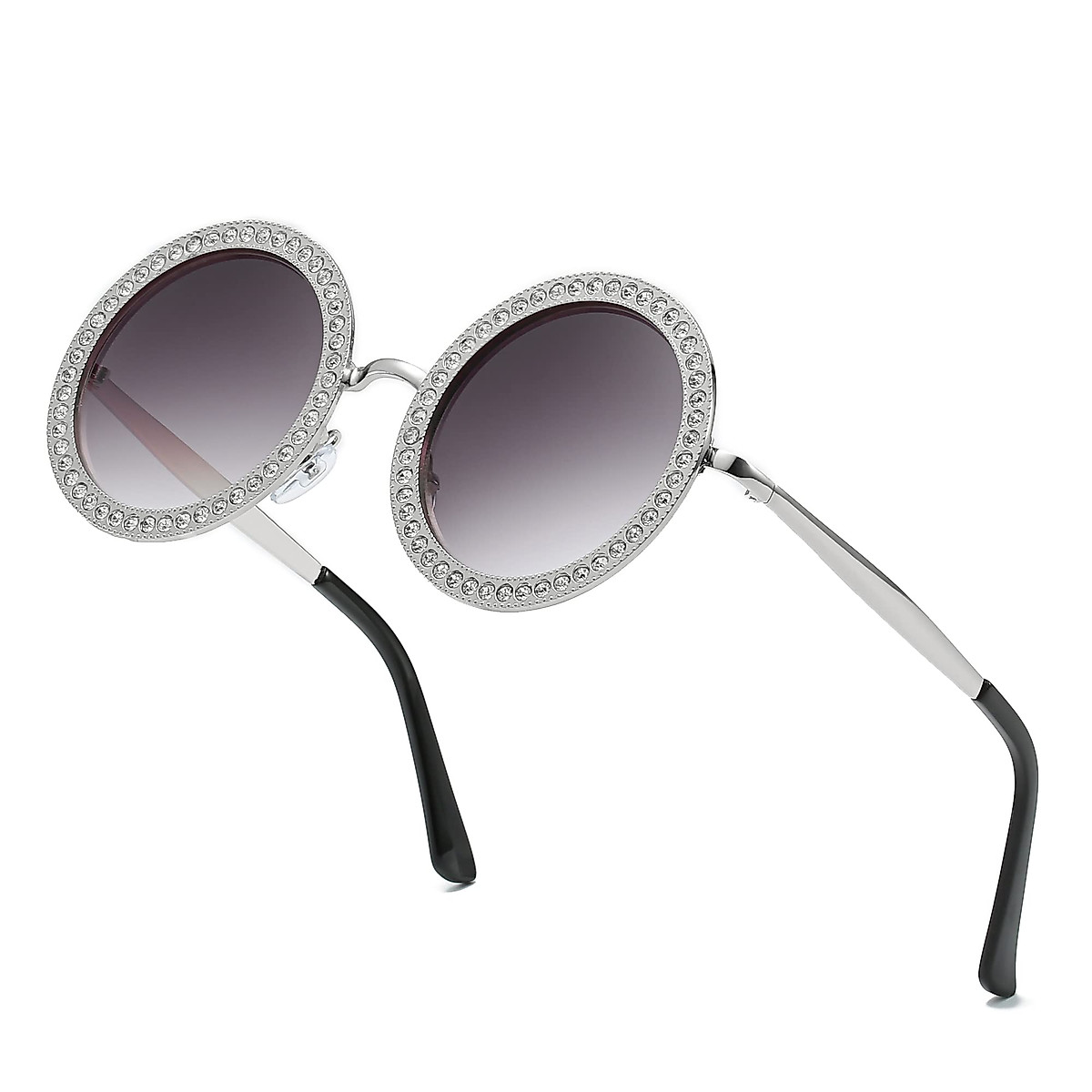 ADE WU Rhinestone Sunglasses Round Oversized Gem Shinning Sunnies for Feastival Party Favor (Silver/White)