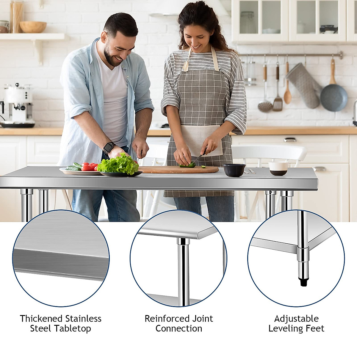 WATERJOY 48" x 30" Stainless Steel Table with Adjustable Shelf for Prep & Workstations Commercial Heavy Duty worktables