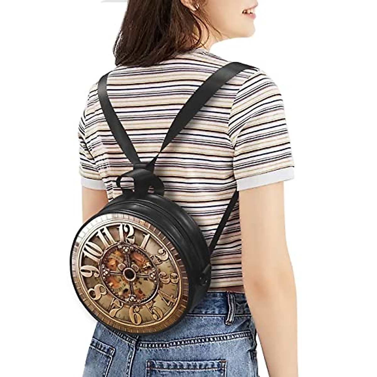 Salabomia Purse Round Cross-body Tote Handbag for Women, Vintage Clock Print Purses for Women Shoulder Bag, Durable Lightweight Women Tote Handbags, Brown