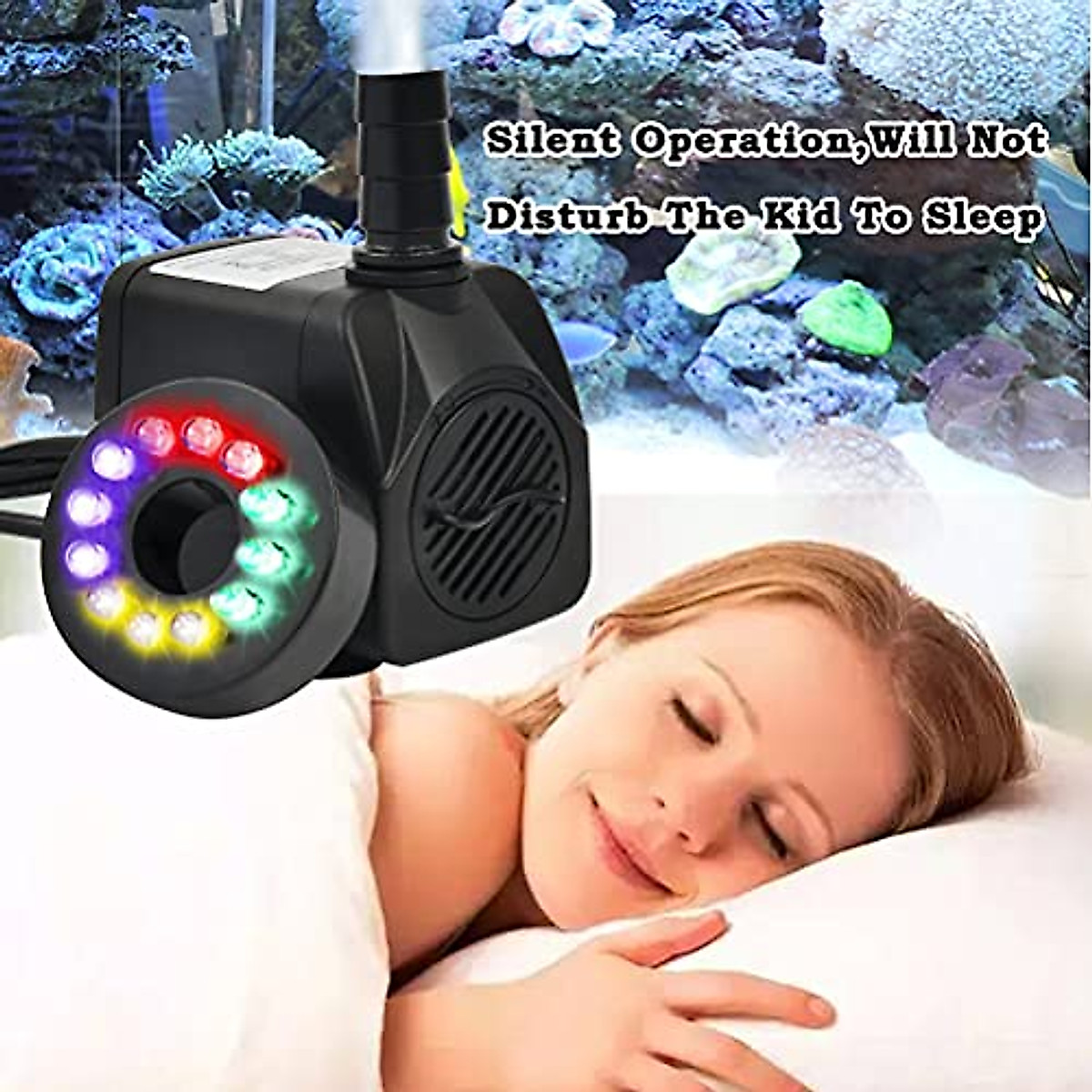 BUYGOO 10Watt 160 GPH Submersible Fountain Pump wiht LED Light Ultra Quiet Durable Small Fountain Water Pump Outdoor for Water Feature, Outdoor Pond, Aquarium fish tanks, Home Décor Fountain