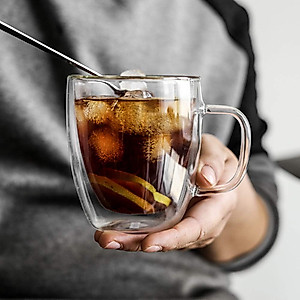 Sivaphe Double Wall Demitasse Cups With Handle 12oz Set of 2 Clear Borosilicate Glass Espresso Mugs for Latte, Cappuccino, Tea, Beverages, Ice Coffee