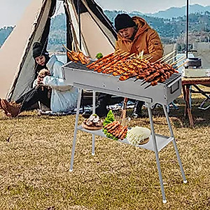 Portable Charcoal Grill - Stainless Steel BBQ Grill with Foldable Stand Adjustable Air Vents, Lamb Skewer Camping Barbecue Grill, Ideal for Outdoor BBQ, Picnic, Camping Backyard Party (31.6x7.1inch)