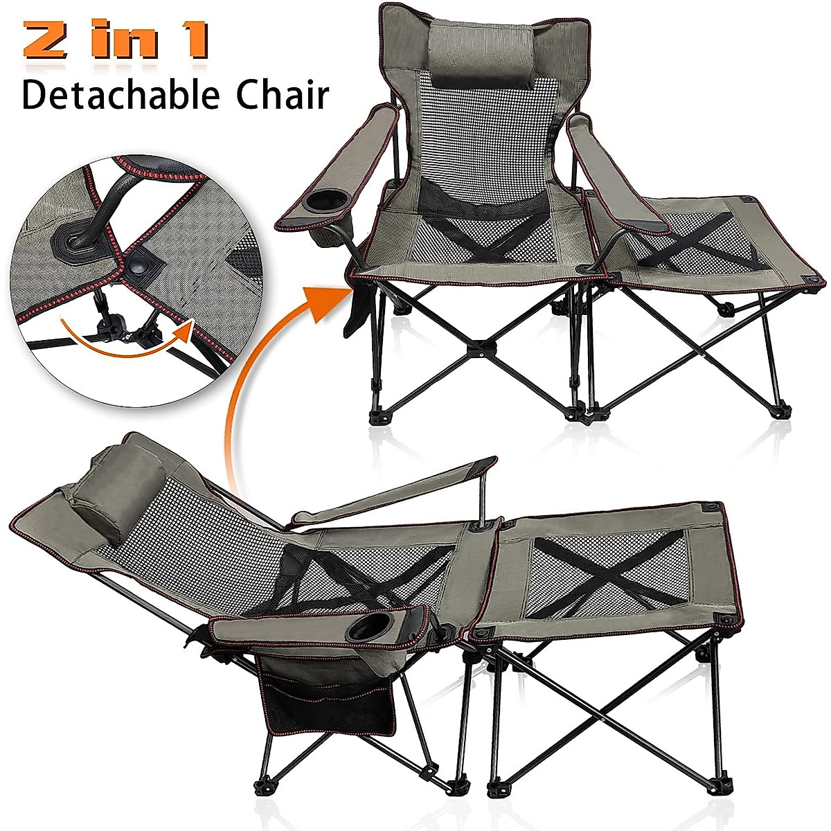 YDY+YQY Camping Lounge Chair,Portable Lounge Chair with Cup Holder and Pillow,Adjustable Chaise Lawn Chair with Footrest for Outdoor Indoor Office Beach Camp Picnic (Grey)