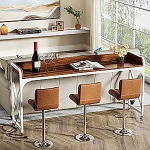 Tribesigns Over Bed Table with Wheels, 70.8" Overbed Desk with Outlet & USB, Mobile Queen Size Bed Table with White Metal Legs for Bedroom, Rolling Tray Table for Living Room, Hospital, Dark Walnut