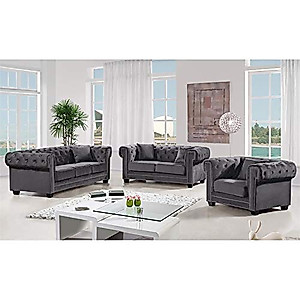 Meridian Furniture Bowery Collection Modern | Contemporary Button Tufted, Velvet Upholstered Loveseat with Square Arms, Nailhead Trim and Wood Legs, Grey, 68.5" W x 36.5" D x 30.5" H