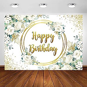 Avezano Greenery Happy Birthday Backdrop for Girl Women Green and Gold Eucalyptus Green Leaves White Rose Flower Birthday Party Decorations Background Photoshoot Photobooth (7x5ft)